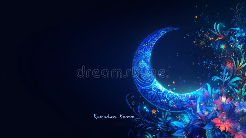 Glowing Blue Crescent Moon with Floral Designs Stock Illustration ...