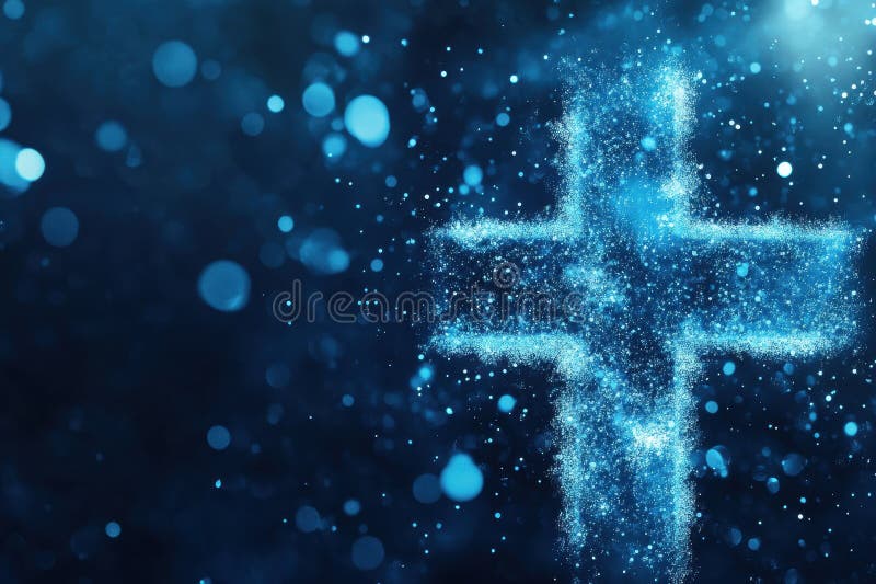 Glowing Blue Cross with Abstract Bokeh and Sparkling Particles on Dark ...