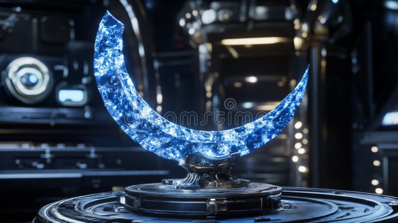 Glowing Blue Crystal Crescent Moon on Dark Futuristic Platform Stock ...