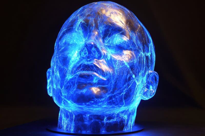 Glowing Blue Crystal Head Sculpture Stock Image - Image of light ...
