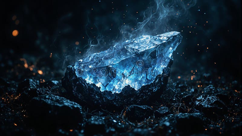 Glowing Blue Crystal Shard in Black Rock with Mist in Cave Stock ...
