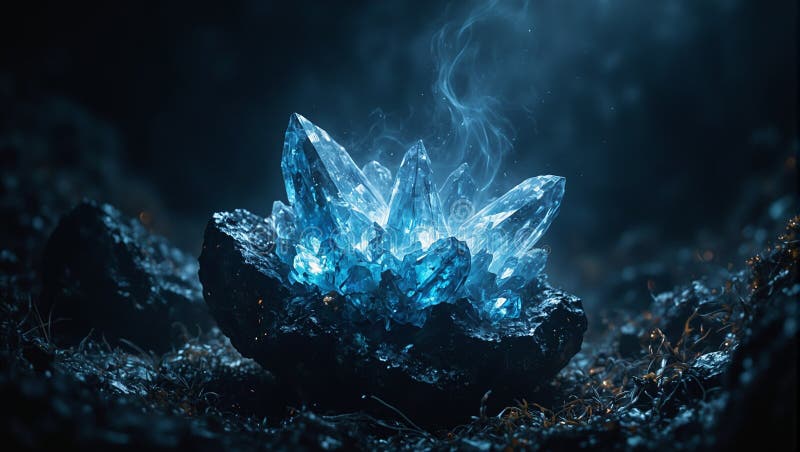 Glowing Blue Crystal Shard in Black Rock with Mist in Cave Stock ...