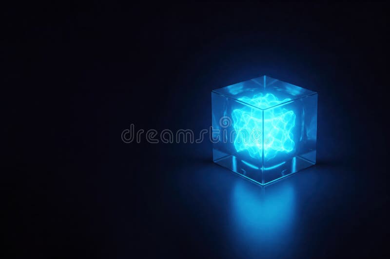 A Glowing Blue Cube on a Dark Background. Space for Text. Stock ...