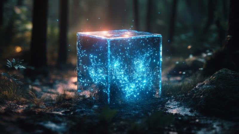Glowing Blue Cube in Dark Forest at Night Stock Illustration ...
