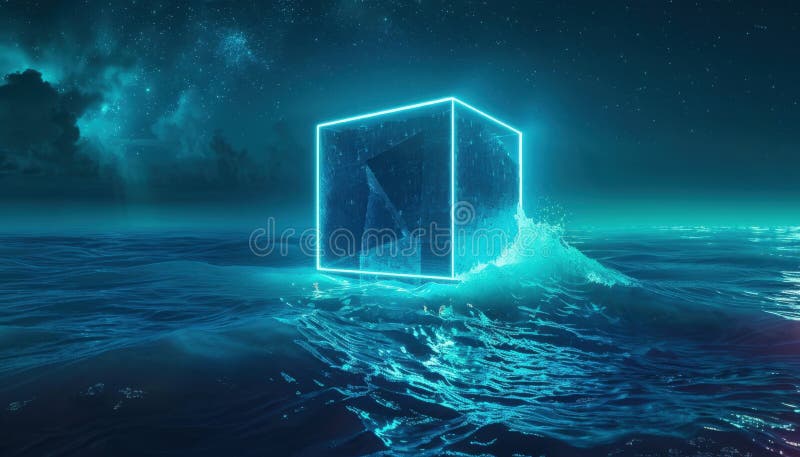 A Glowing Blue Cube Floating Above the Ocean Under a Starry Night Sky ...