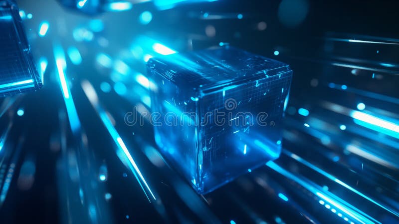 Glowing Blue Cube in a Futuristic Digital Space Stock Image - Image of ...