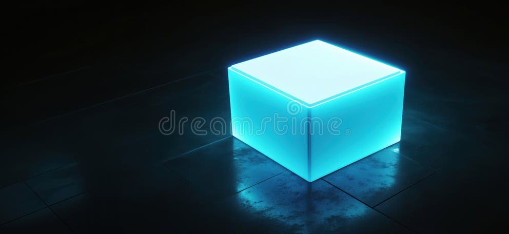 Glowing Blue Cube Illuminated in Dark Environment with Reflective ...