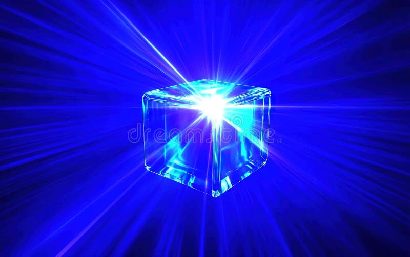 Glowing Blue Cube Illuminated by Radiant Beams in a Dark Space ...