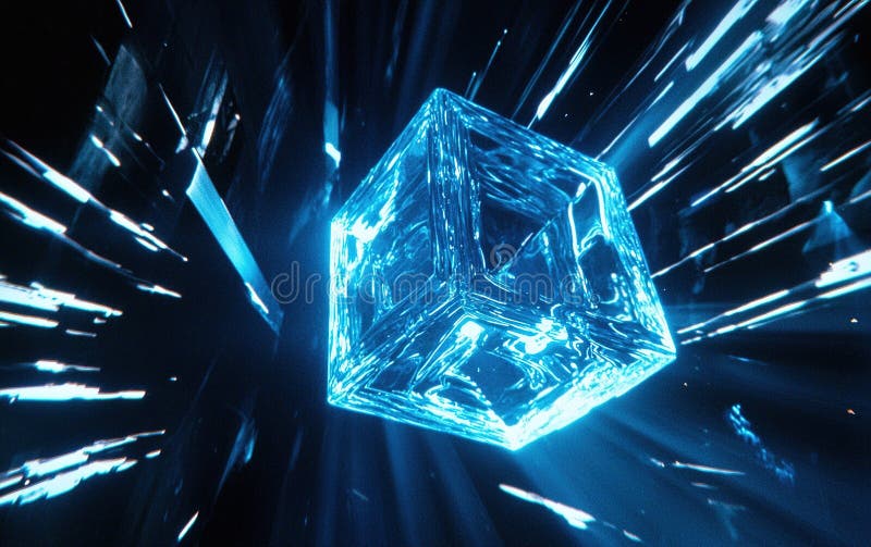 A Glowing Blue Cube Surrounded by Dynamic Light Rays Creates a ...