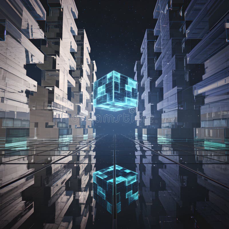 Glowing Blue Cube in Urban Scene Emphasizes Sci Fi Visuals with Spatial ...