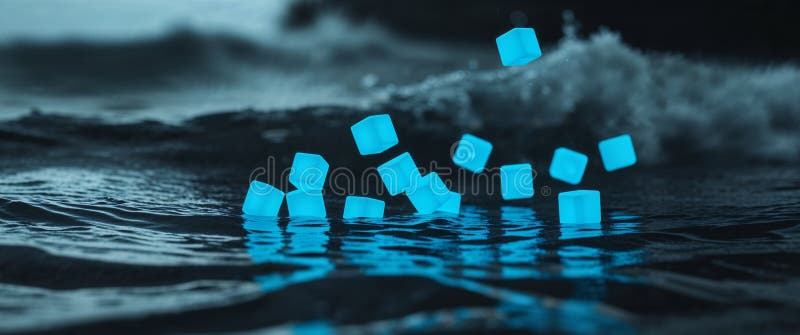 Glowing Blue Cubes Falling into Rippling Water. Stock Image - Image of ...