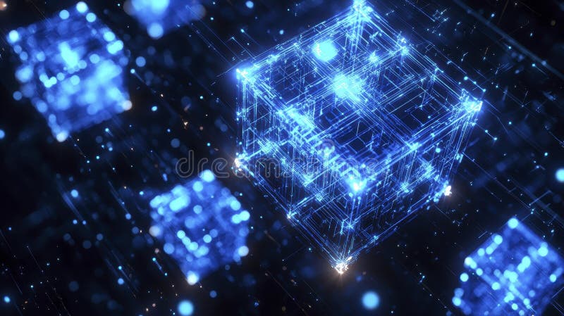 Glowing Blue 3D Cubes and Shapes Floating in a Dark Void, Creating a ...