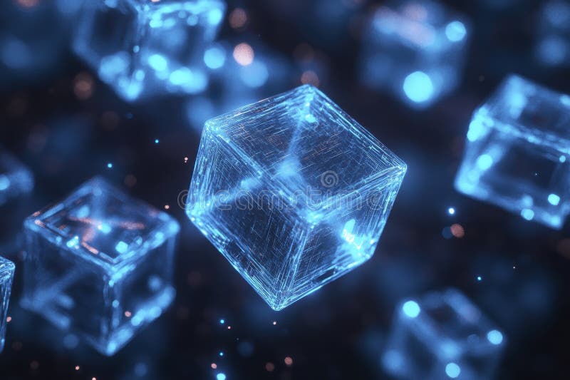 Glowing Blue 3D Cubes and Shapes Floating in a Dark Void, Creating a ...