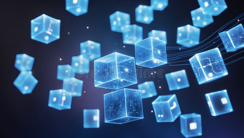 Glowing Blue Data Cubes Float and Connect in a Dark Digital Space, Illustrating Network ...