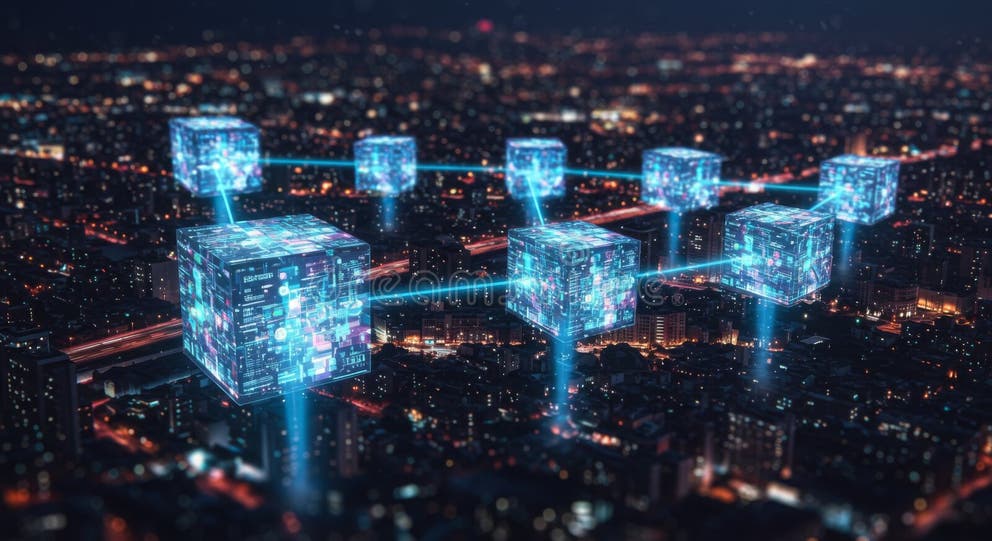 Glowing Blue Data Cubes Network Over Night City Stock Illustration ...