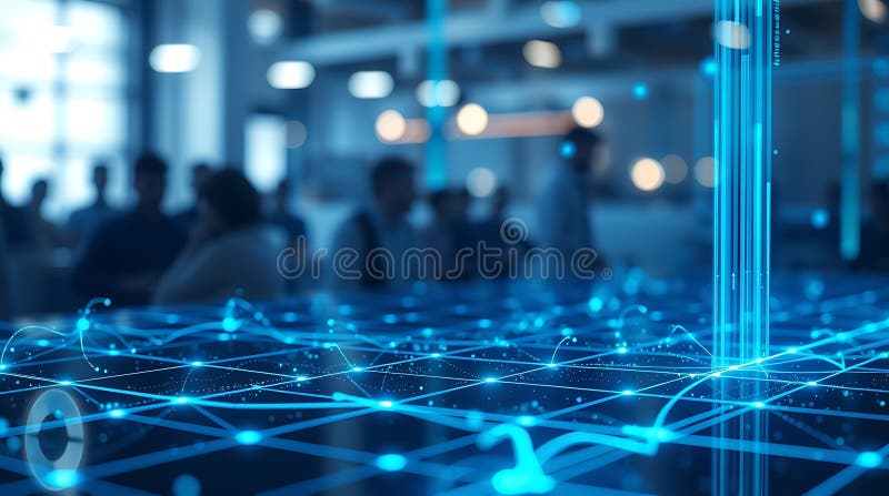 Glowing Blue Data Grid in a Modern Workspace Filled with People Stock ...
