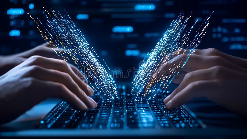Glowing Blue Data Streams Emitting from Laptop Keyboard Stock Photo ...