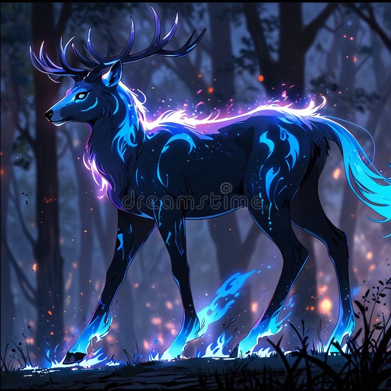 Glowing Blue Deer in Dark Forest Stock Illustration - Illustration of ...