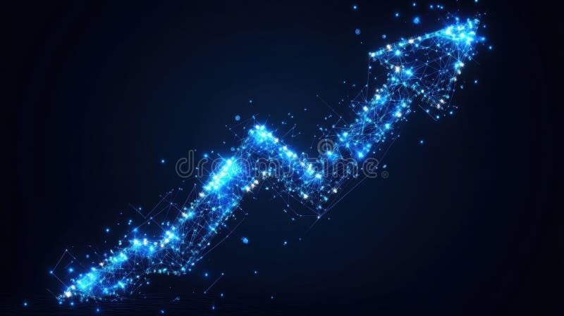 A Glowing Blue Digital Arrow Made of Connected Points and Lines Rises Diagonally on a Dark ...