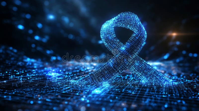Glowing Blue Digital Awareness Ribbon on Dark Network Background Stock ...