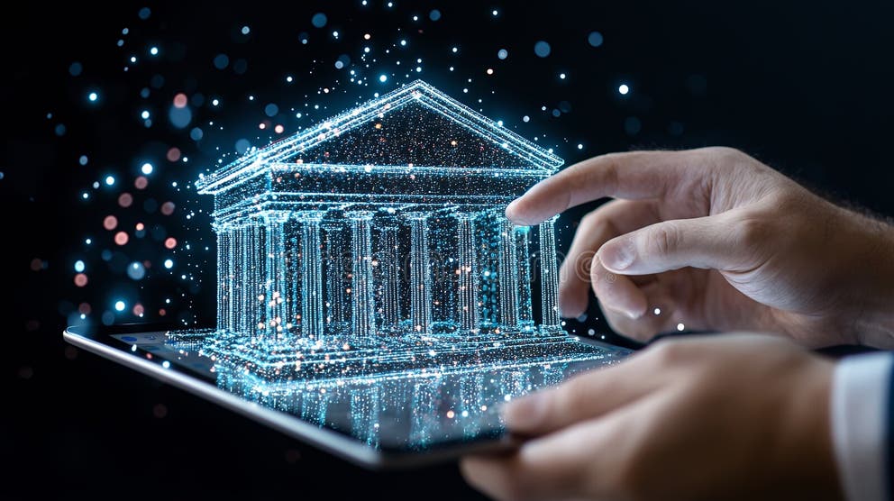 Glowing Blue Digital Building Model on Tablet Stock Photo - Image of ...