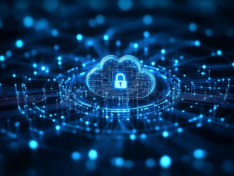 Glowing Blue Digital Cloud with Embedded Padlock Surrounded by a Dynamic Particle Field ...