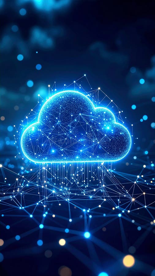 Glowing Blue Digital Cloud Network Connected by Luminous Lines and Nodes Abstract Technology ...