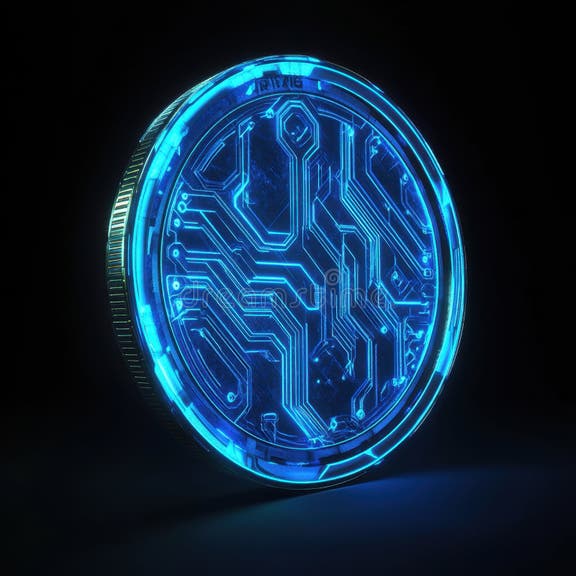 A Glowing Blue Digital Coin with Circuit Patterns, Representing ...