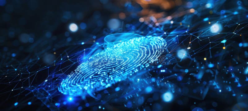 Advanced Biometric Cybersecurity: Glowing Blue Digital Fingerprint with ...