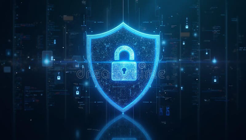Glowing Blue Digital Guardian Shield with Padlock Icon Reflecting ...