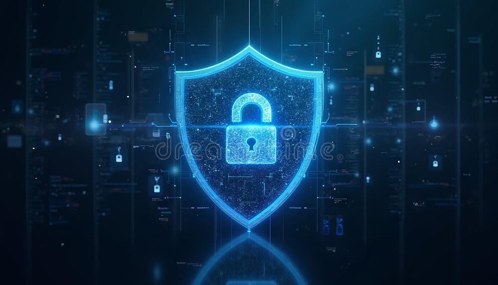 Glowing Blue Digital Guardian Shield with Padlock Icon Reflecting ...