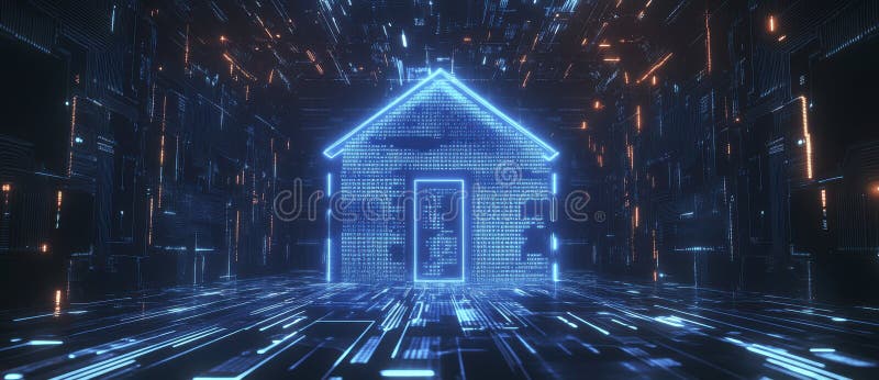 Glowing Blue Digital House in Particle Field Stock Illustration ...