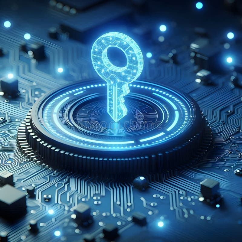 Glowing Blue Digital Key on Circuit Board, Importance of Cybersecurity ... Glowing Blue Digital Key on Circuit Board, Importance of Cybersecurity ...