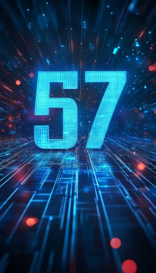 Glowing Blue Digital Number 57 on Technology Background, Circuit Board ...