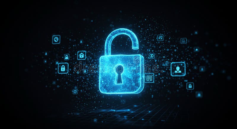 A Glowing Blue Digital Padlock Floats in a Dark Space, Its Shackle Open ...