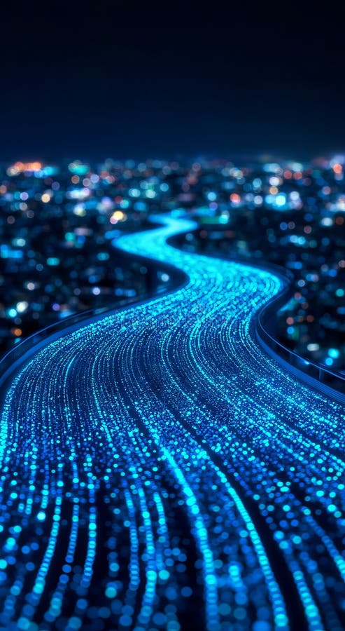 A Glowing Blue Digital Pathway Winds Its Way through a Dark Landscape ...