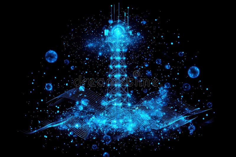 Blue Digital Radio Tower Illustrated with Futuristic Glowing Particles ...