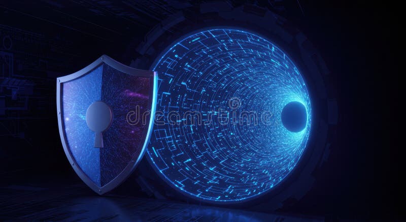 Glowing Blue Digital Shield and Sphere in Dark Background Stock ...