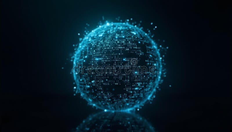 Glowing Blue Digital Sphere Formed from Pixelated Patterns Against ...