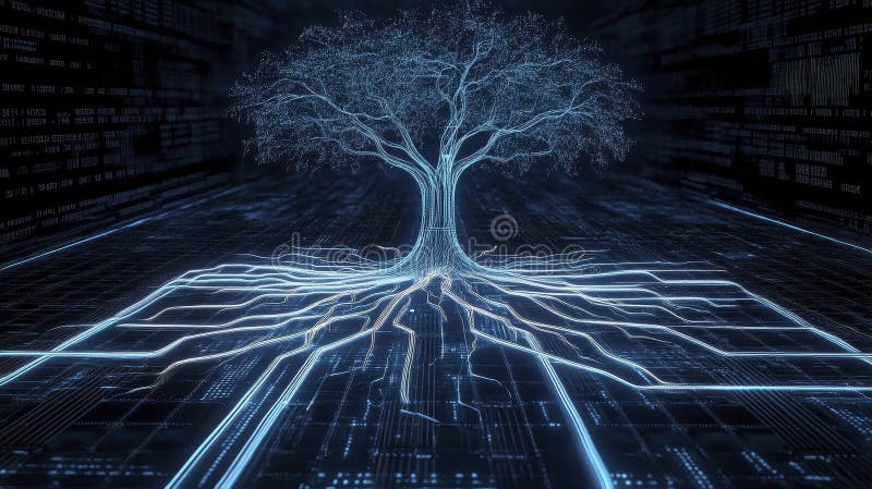 Glowing Blue Digital Tree Abstract Art Dark Background Stock ...