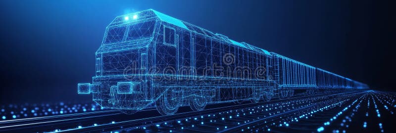 Glowing Blue Digital Wireframe of a Freight Train Moving Along Track on ...