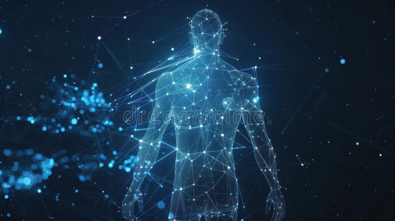 Glowing Blue Digital Wireframe Human Body with Particle Dispersion ...