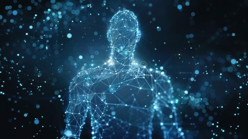 Glowing Blue Digital Wireframe Human Figure on Dark Blue Background ...