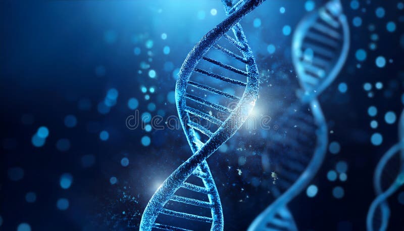 A Glowing Blue DNA Double Helix Dominates a Dark Blue Background Stock ...