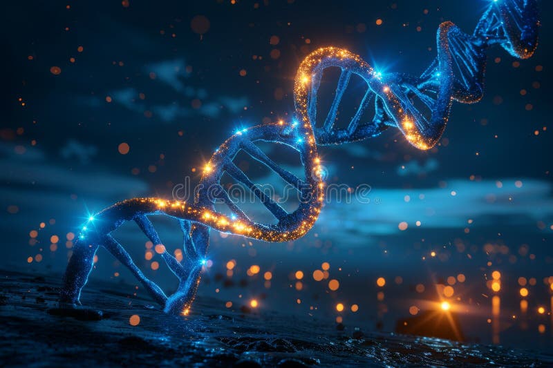 Glowing Blue DNA Helix in a Serene Night Setting, Reflecting the Calm ...