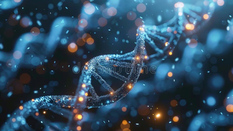 A Glowing Blue DNA Helix Strand with Sparkling Particles on a Dark ...