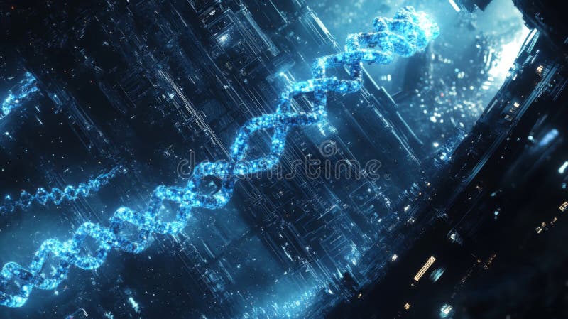 Glowing Blue DNA Strand within Futuristic Cityscape Stock Photo - Image ...