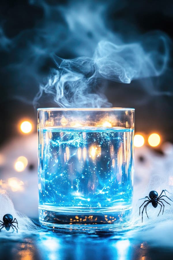 Glowing Blue Drink with Spider and Web in Spooky Halloween Setting ...