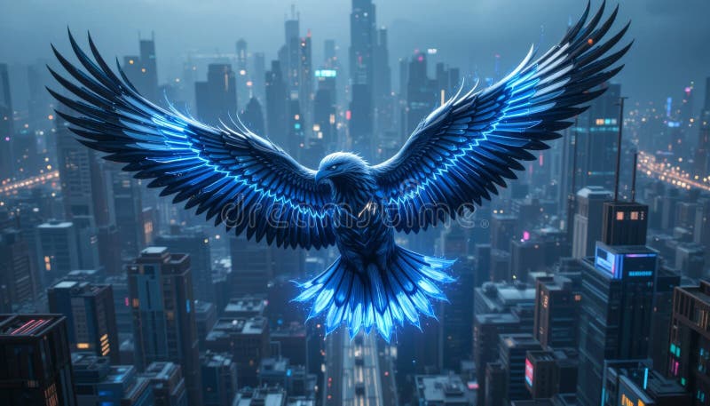 Glowing Blue Eagle Soaring Over a Futuristic Cyber City Stock ...