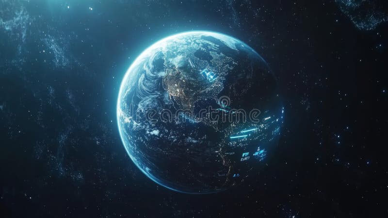 Glowing Blue Earth in Dark Space Stock Illustration - Illustration of ...